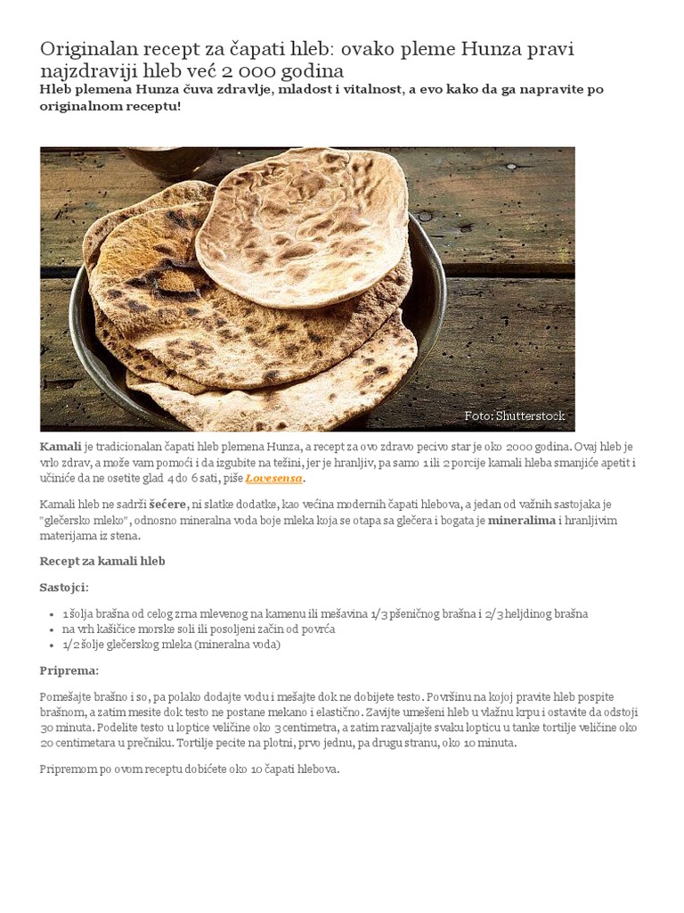 Originalan Recept Za Čapati Hleb Pleme Hunza | PDF
