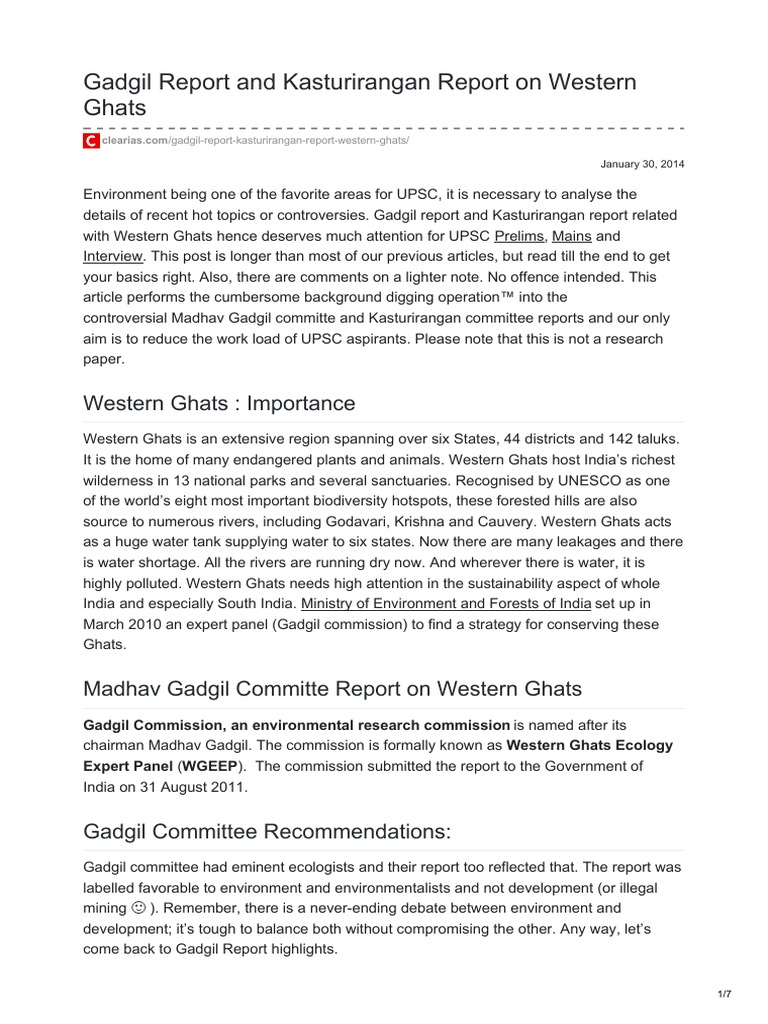 Gadgil Report and Kasturirangan Report On Western Ghats | PDF | Natural ...