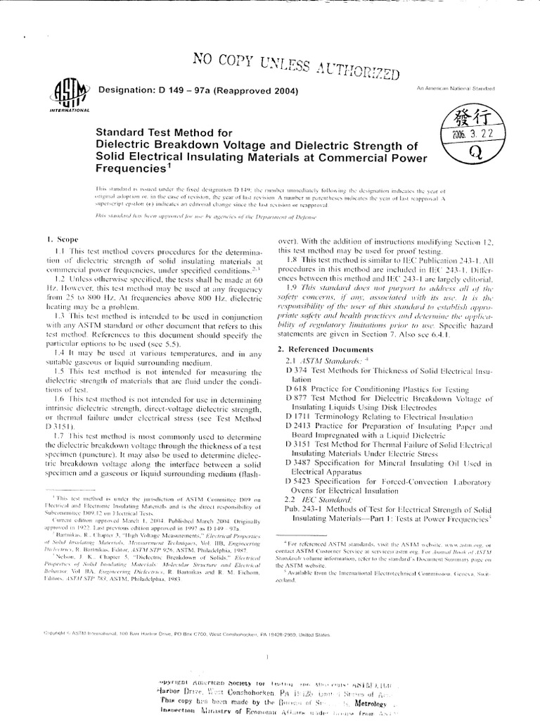 ASTM D149 - Dielectrical Strength PDF | PDF