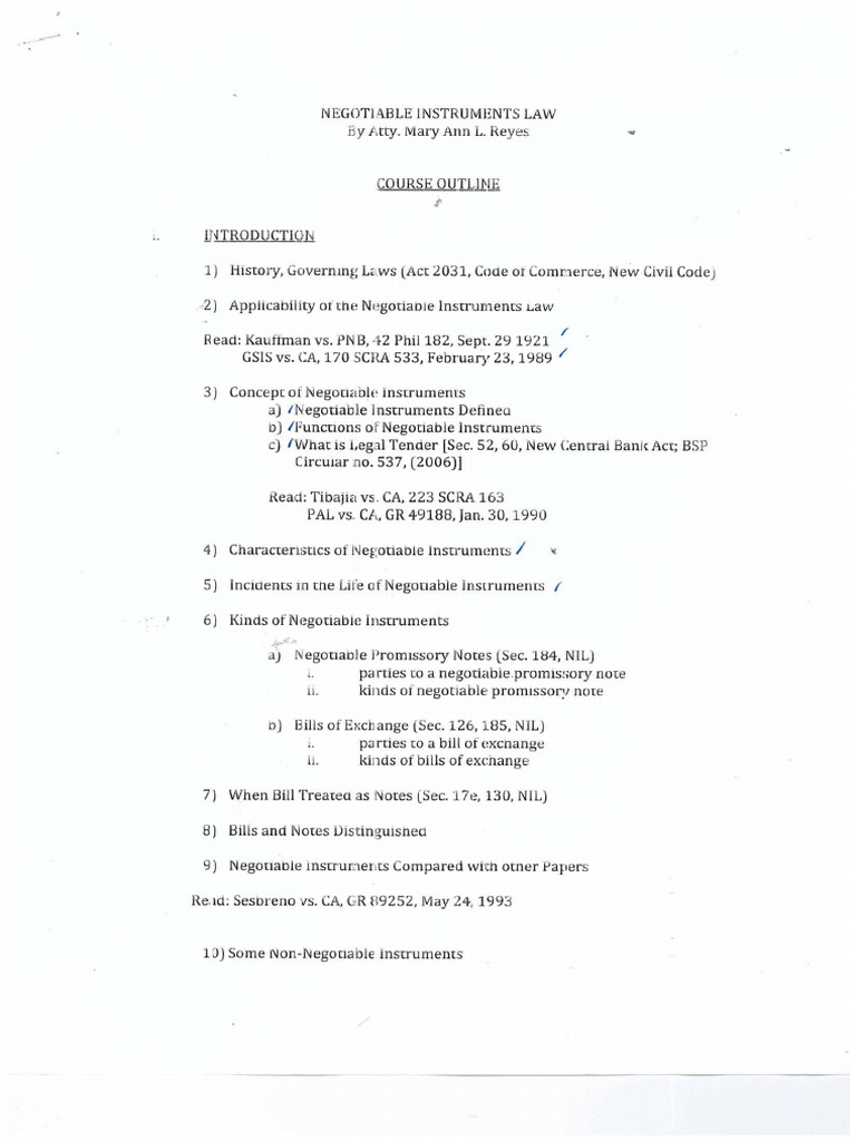 Negotiable Instruments Course Outline | PDF | Negotiable Instrument | Cheque