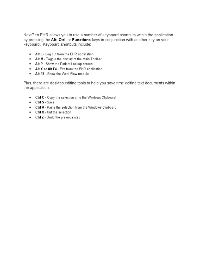 NextGen EHR Keyboard Shortcuts Guide | PDF | Keyboard Shortcut ...
