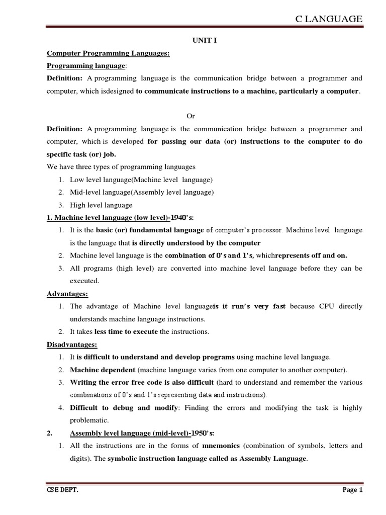 C Language Notes For 1st Sem | PDF | Integer (Computer Science) | C ...