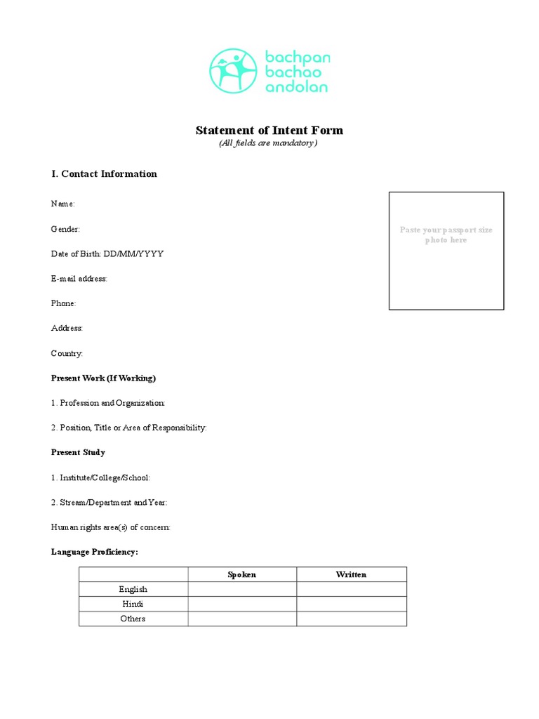 Statement of Intent Form | PDF