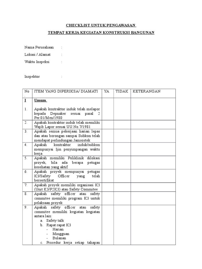 Checklist Pengawasan K3 Konstruksi | PDF