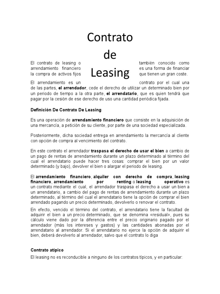 Contrato de Leasing: Definición y Clases | PDF | Arrendamiento | Póliza ...