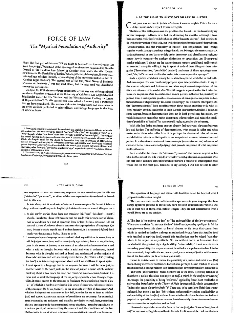 Derrida "Force of Law - The Mystical Foundation of Authority - '" in ...