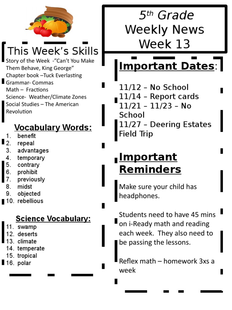 5th Grade Weekly News: Week 13 | PDF