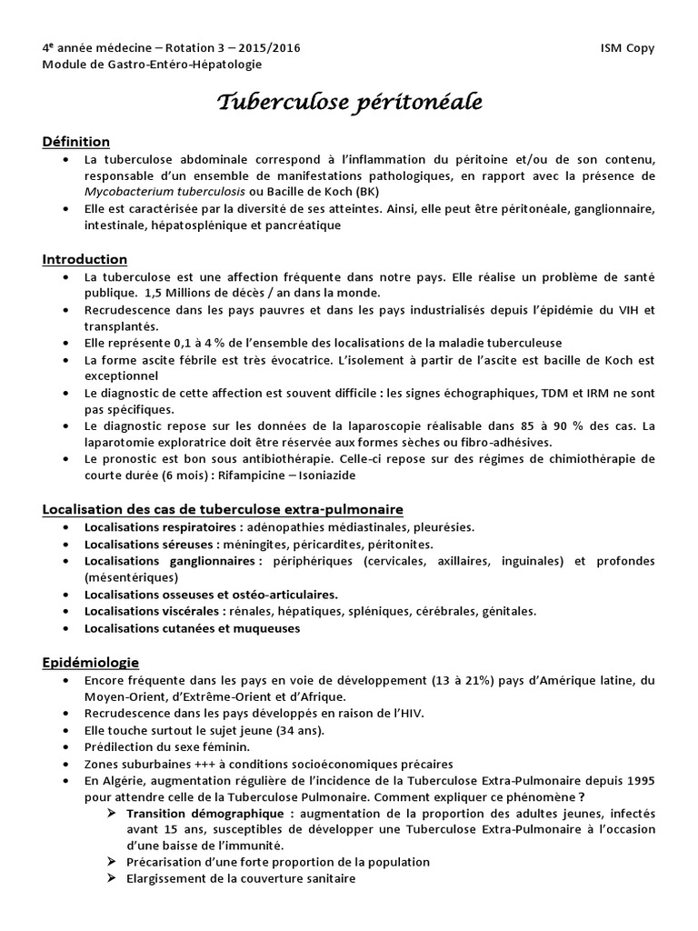 Tuberculose péritonéale : diagnostic et enjeux | PDF | Bacille de Koch ...