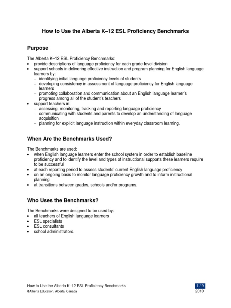 How To Use The Alberta K 12 Esl Proficiency Benchmarks | PDF | English ...