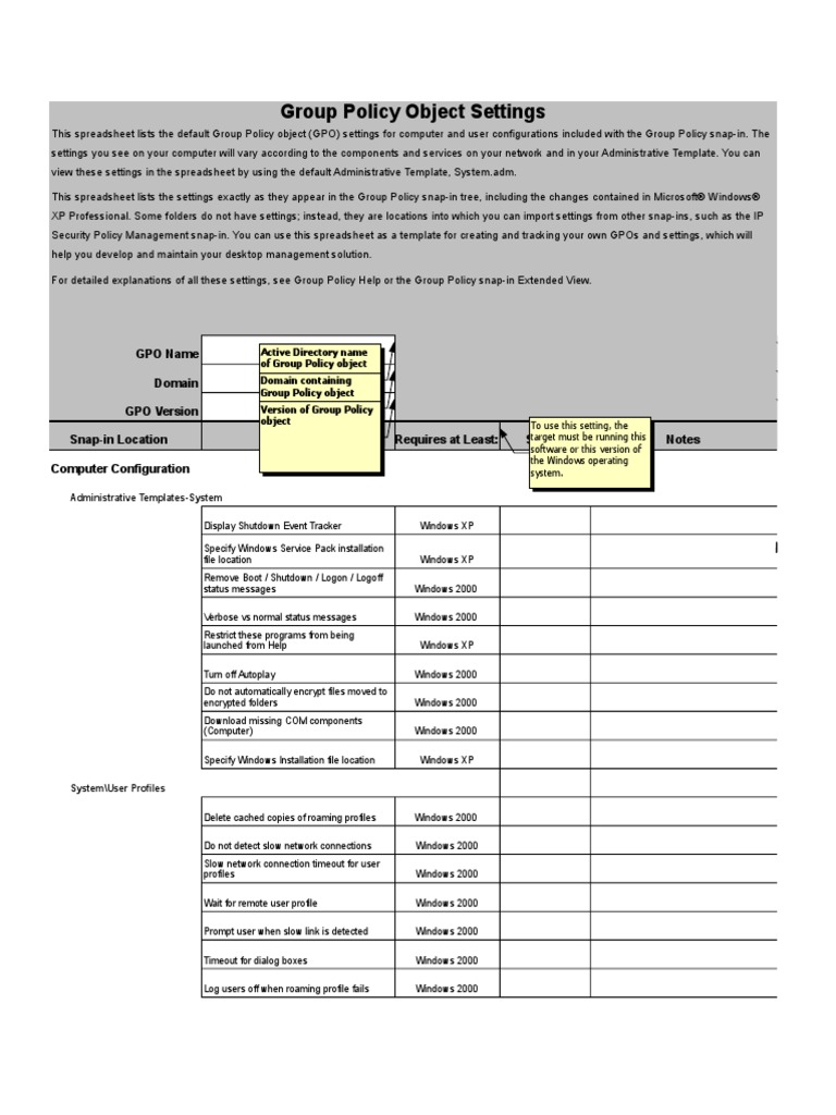 Group Policy Object Settings | PDF | Windows 2000 | Group Policy