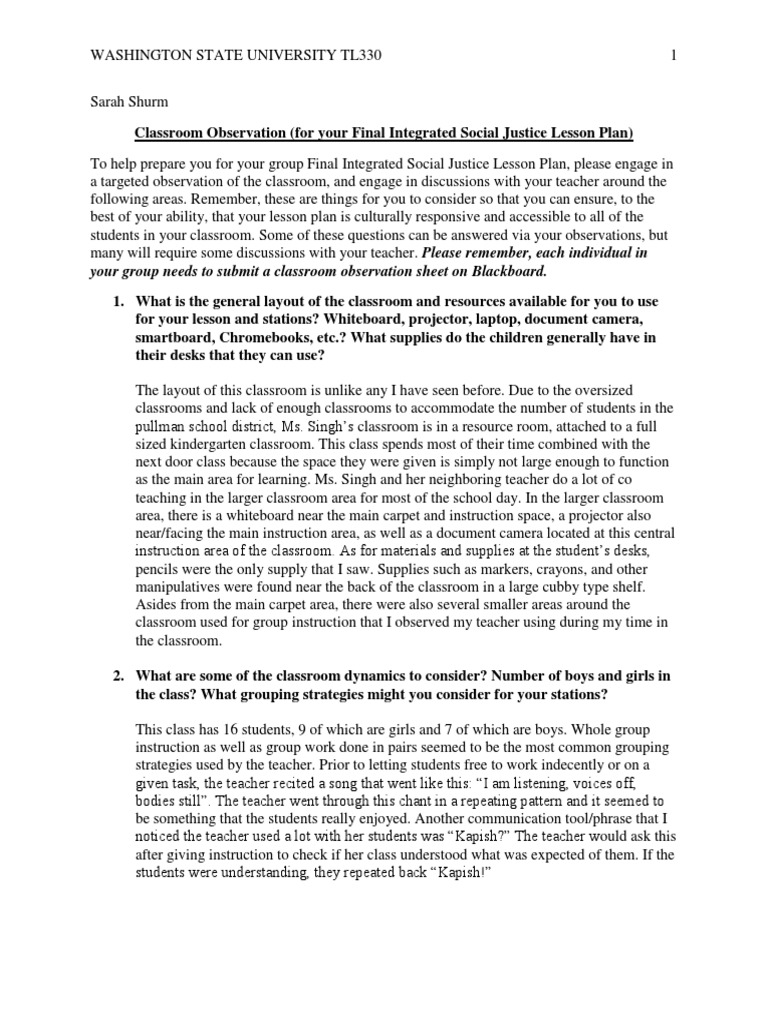 Classroom Observation Reflection | PDF | Classroom | Teachers