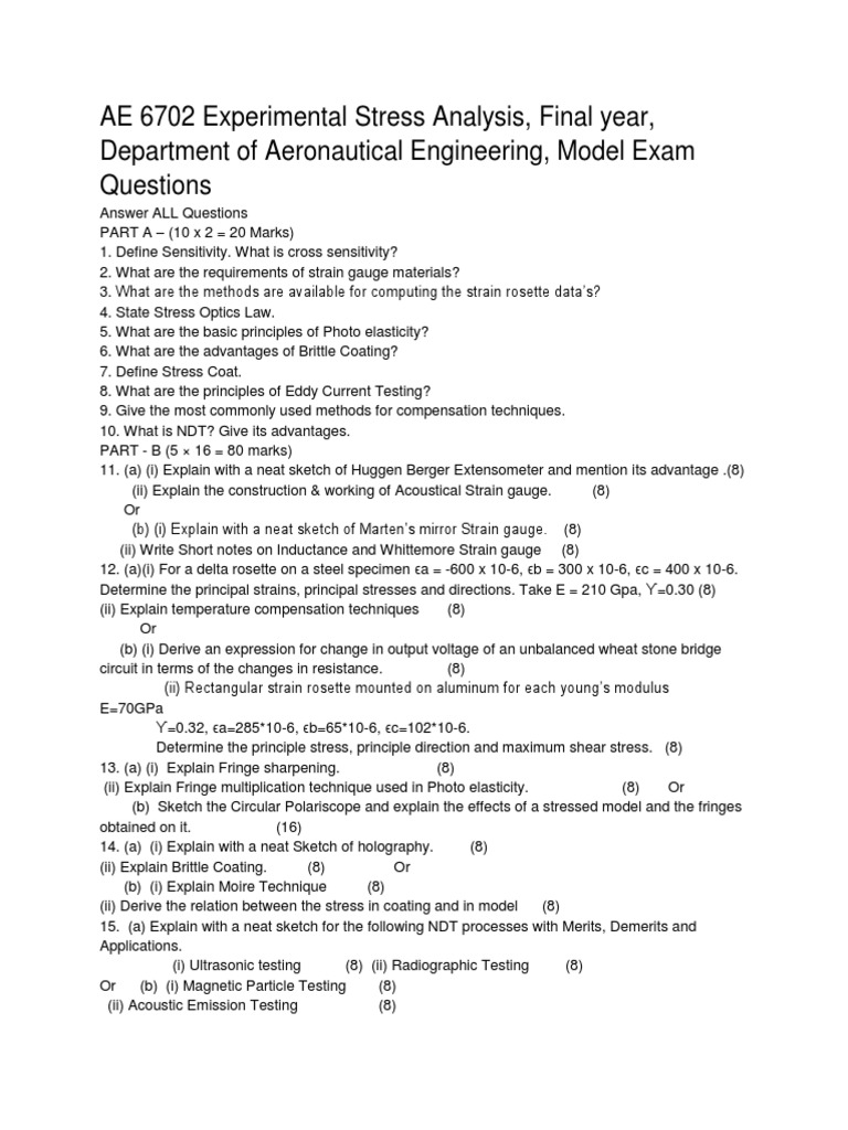AE 6702 Experimental Stress Analysis, Final Year, Department of ...