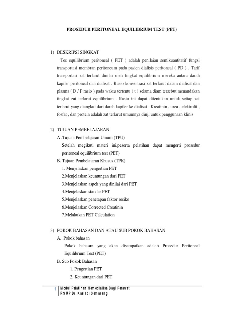 MODUL PROSEDUR PERITONEAL EQUILIBRIUM TEST Fix PDF | PDF