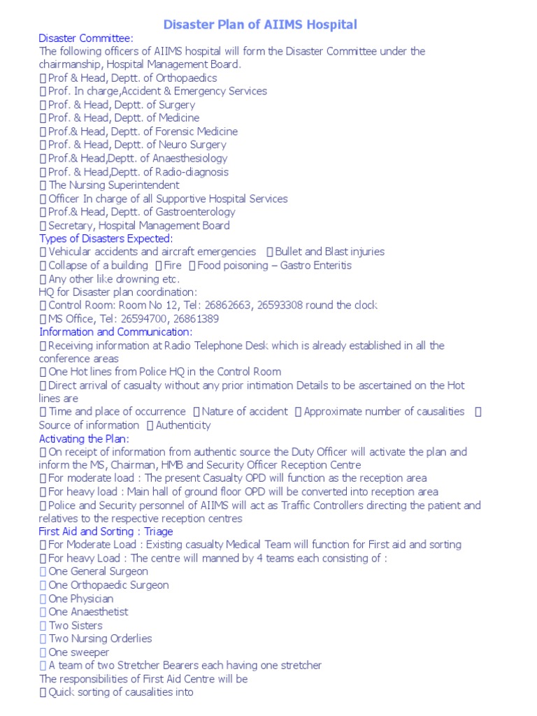 AIIMS Hospital Disaster Management Plan | PDF | Emergency Department ...
