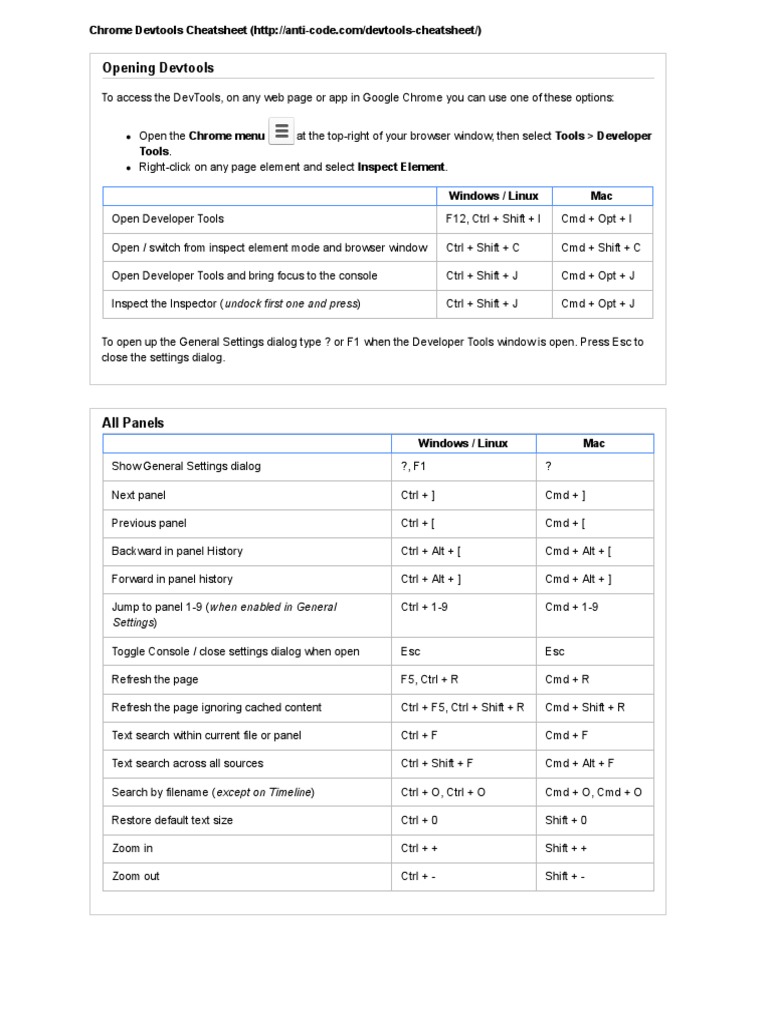 Chrome Devtools Cheatsheet Pdf Pdf Command Line Interface Java Script