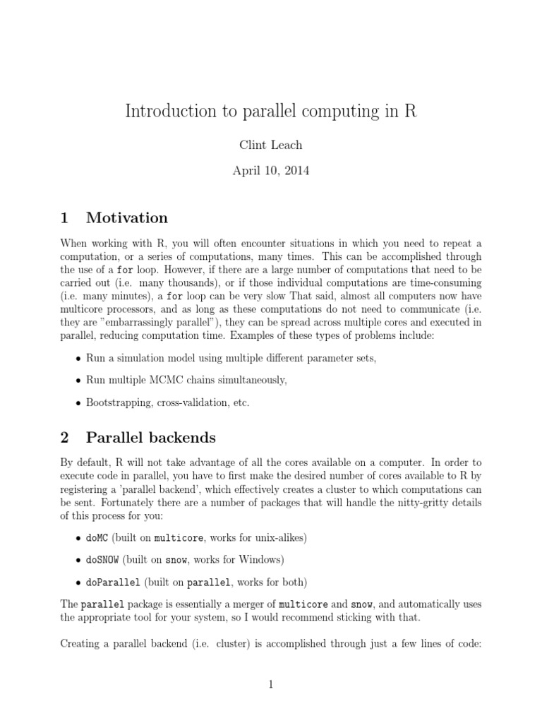 Introduction To Parallel Computing In R 1 Motivation Download Free Pdf Parallel Computing
