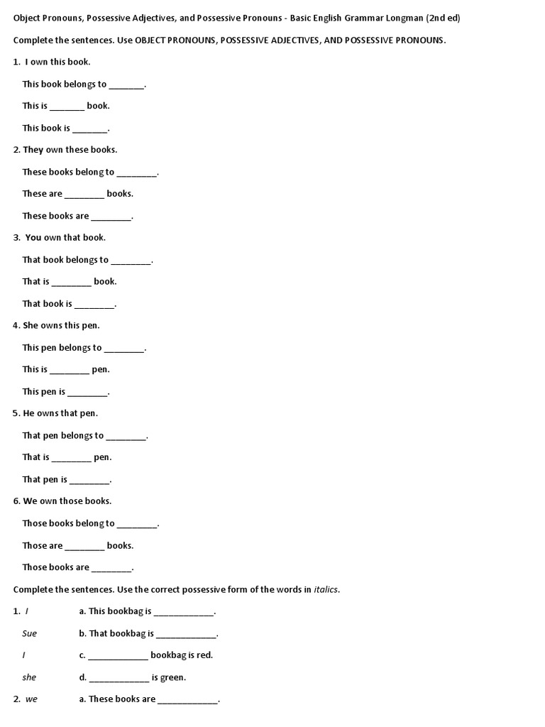 Object Pronouns, Possessive Adjectives, and Possessive Pronouns - Basic ...