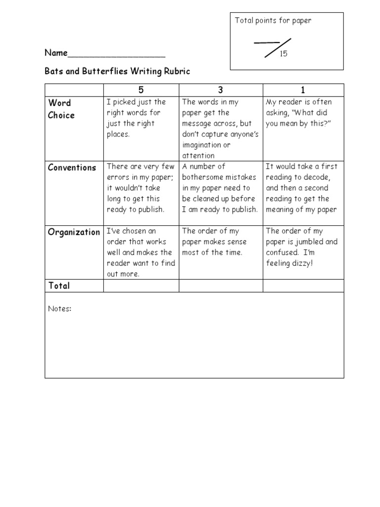 Name - Bats and Butterflies Writing Rubric 5 3 1 Word Choice | PDF