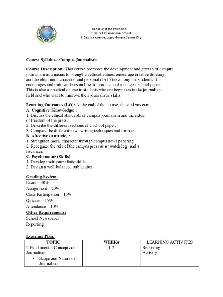 Campus Journalism Course Syllabus | PDF | Copy Editing | Journalism