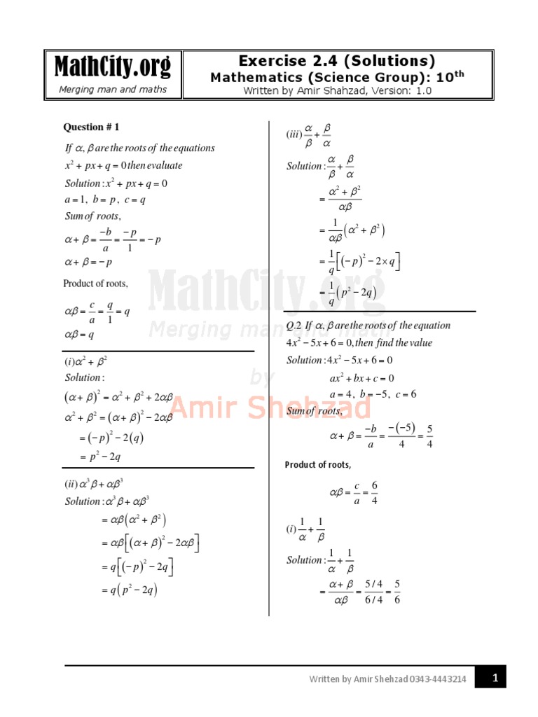 Important Notes of 10th Class Math Exercise 2.4 | Download Free PDF ...
