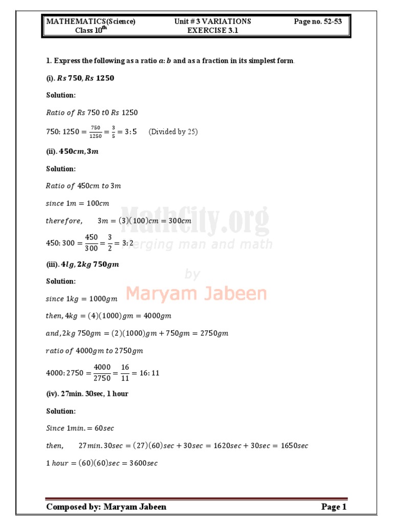 Important Notes of 10th Class Math Exercise 3.1 | PDF | Ratio | Numbers