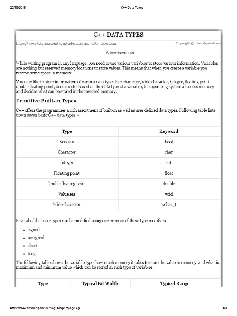 C++ Data Types PDF | PDF | Data Type | Integer (Computer Science)
