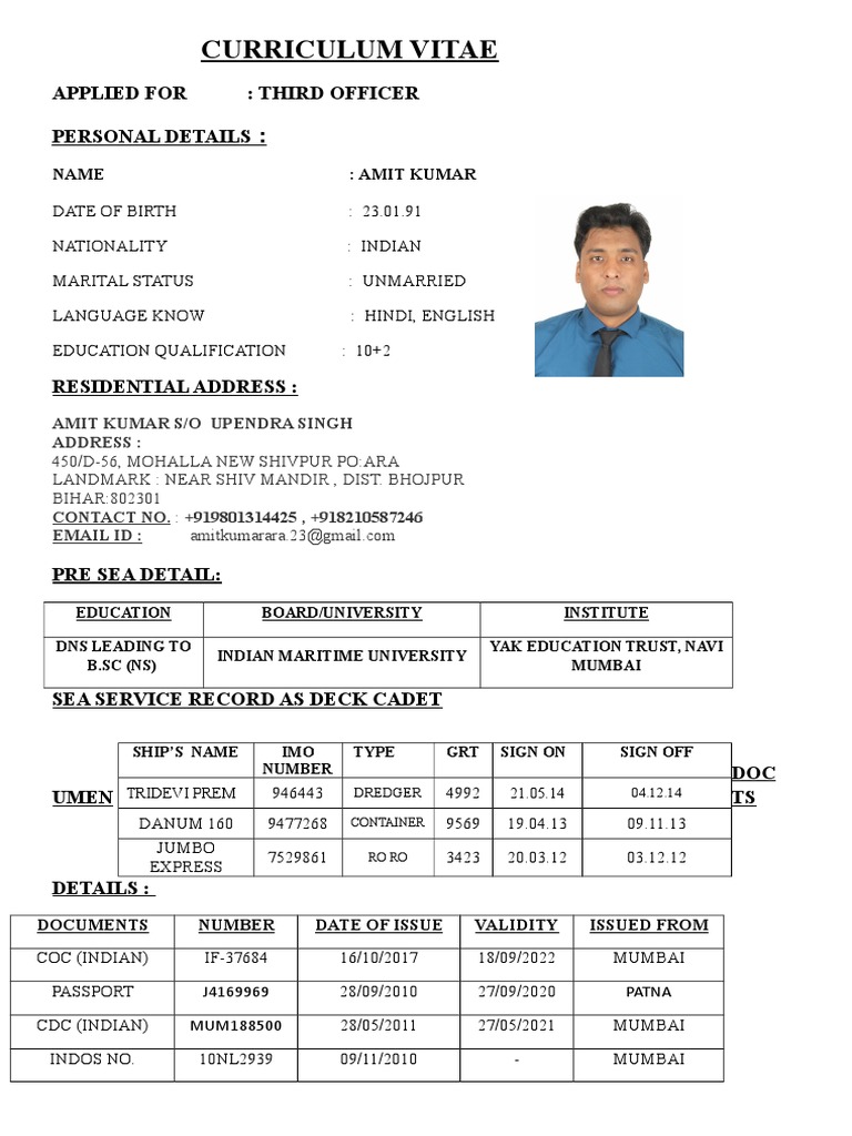 Curriculum Vitae: Applied For: Third Officer Personal Details | PDF ...