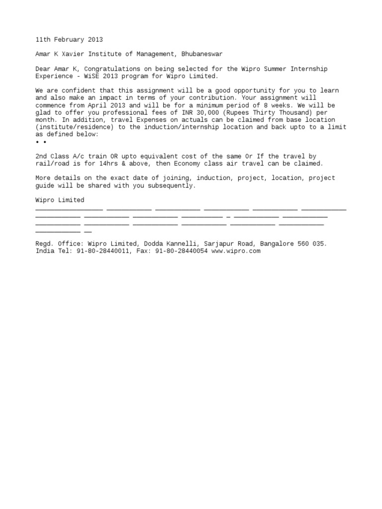 Wipro Offer Letter | PDF | Economies | Business