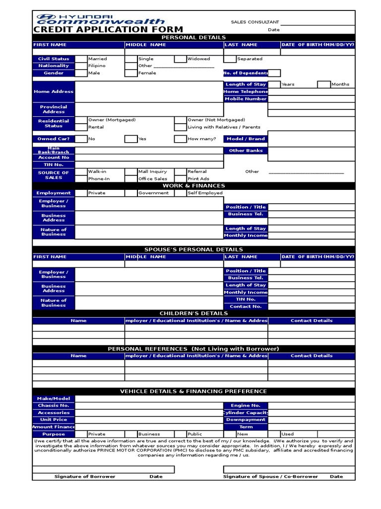 Credit Application Form Hyundai | Download Free PDF | Mortgage Loan ...