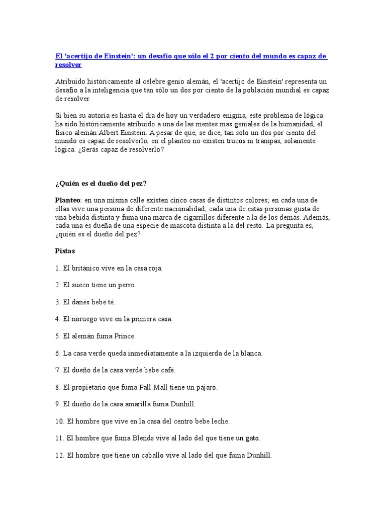 Acertijo de Einstein | PDF | Albert Einstein | Bebidas