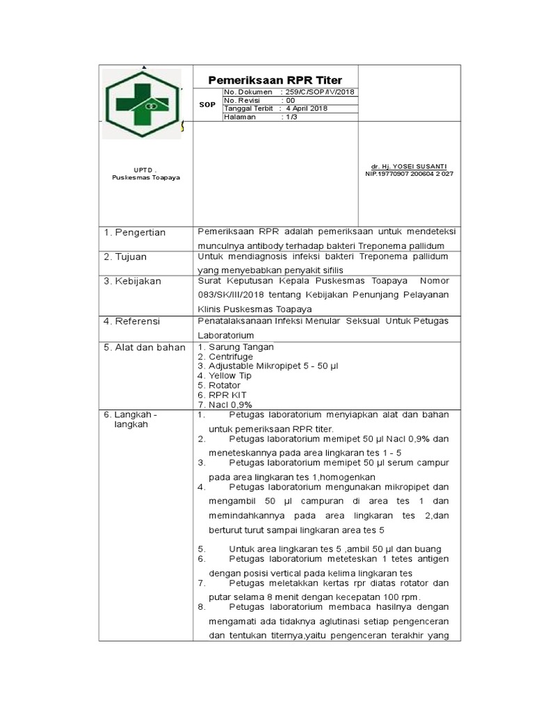 Sop Pemeriksaan RPR Titer | PDF