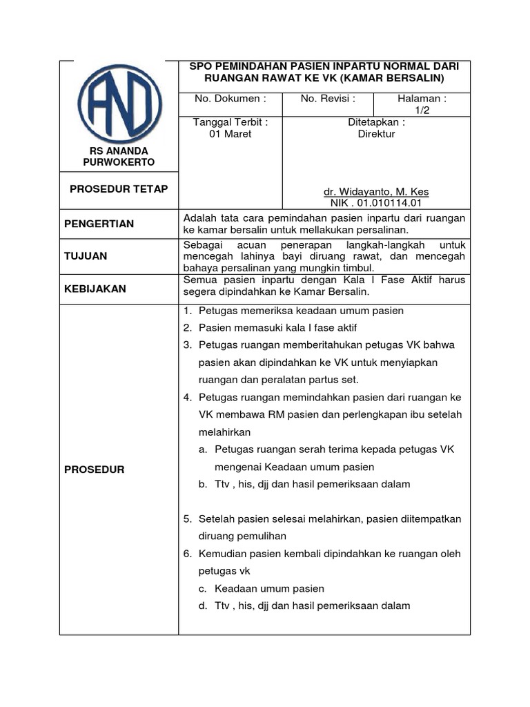 Sop Pemidahan Pasien VK | PDF