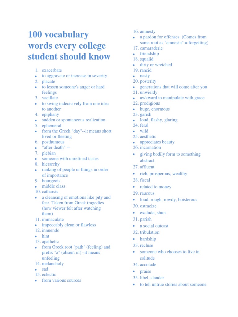 100 Vocabulary Words Every College Student Should Know (4 Copies Nito ...