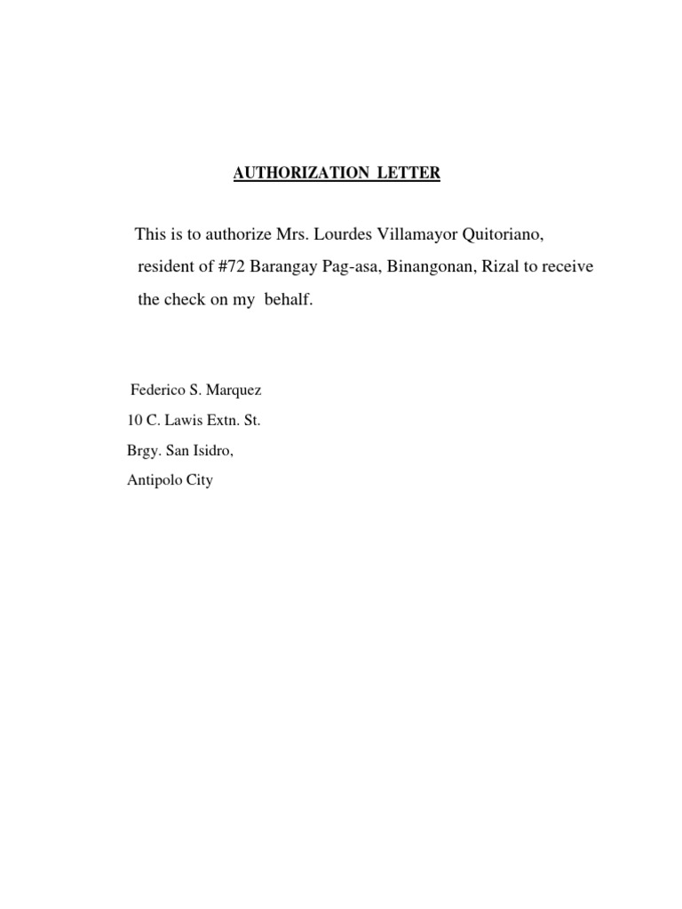 This Is To Authorize Mrs. Lourdes Villamayor Quitoriano, Resident of ...