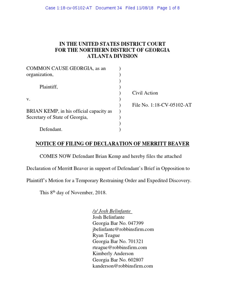 Common Cause Georgia v. Kemp - DECLARATION OF MERRITT BEAVER | PDF ...
