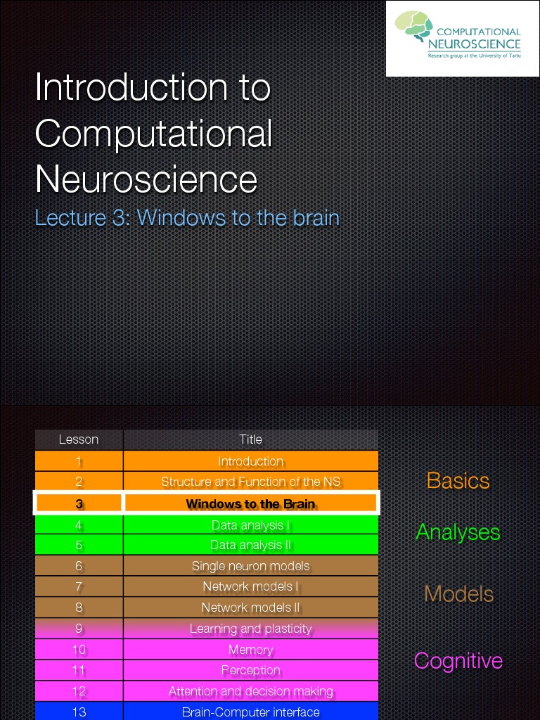 Introduction To Computational Neuroscience: Lecture 3: Windows To The ...