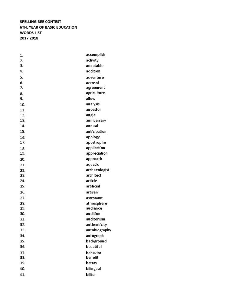 Spelling Bee Contest 6Th. Year of Basic Education Words List 2017 2018 ...