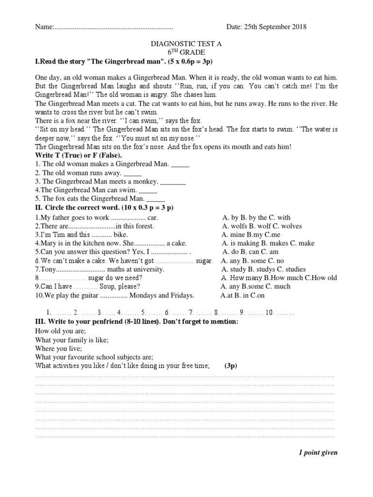 Diagnostic Test 6th Grade | PDF