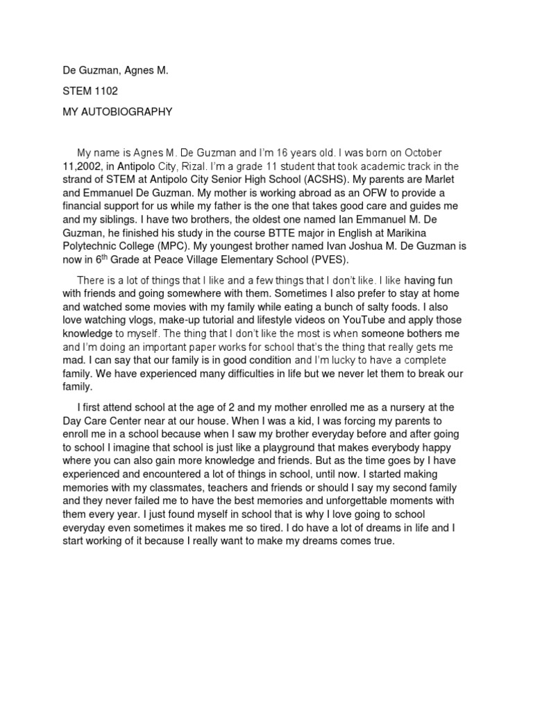 Student Autobiography Example