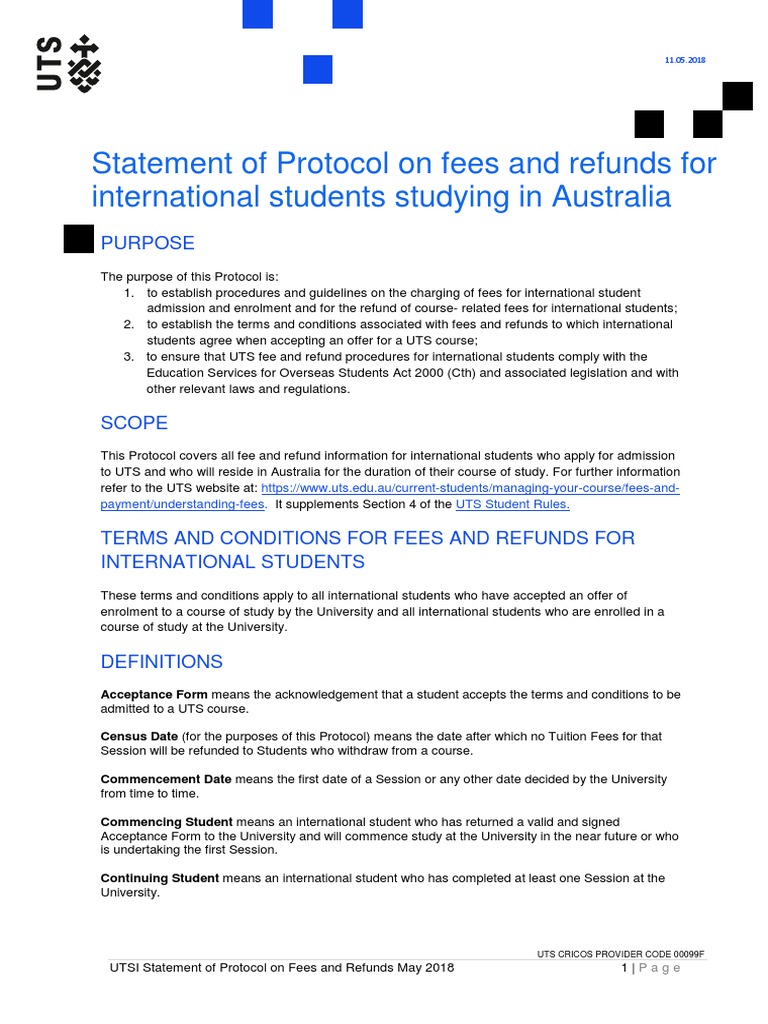 UTS Statement of Protocol On Fees and Refunds | PDF | Fee ...