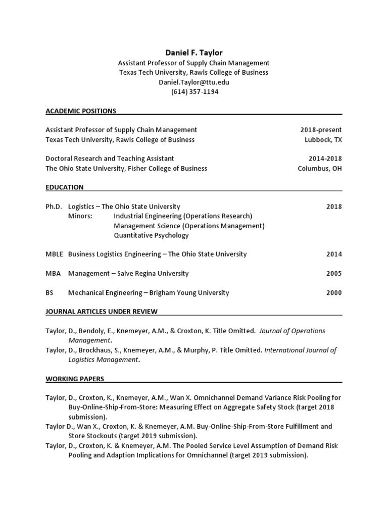 Taylor CV 20180917 | PDF | Supply Chain Management | Oracle Database