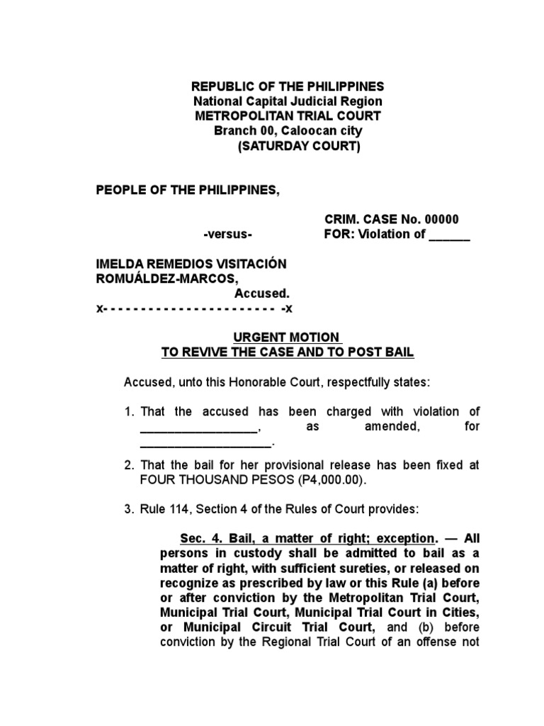 Motion To Post Bail Sample | PDF | Bail | Prosecutor