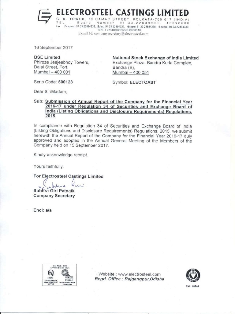 Electosteel Casting Annual Report 2016-2017 | PDF | Audit | Board Of ...