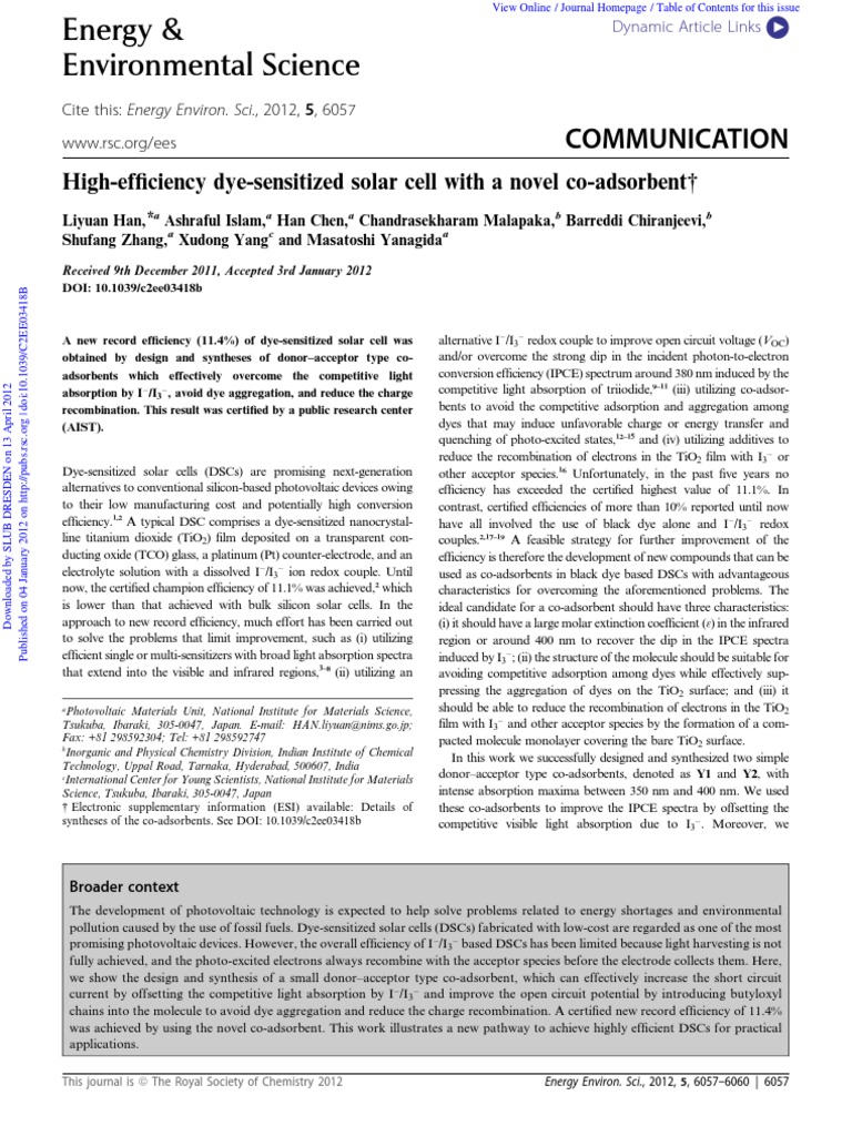 High-Efficiency Dye-Sensitized Solar Cell With A Novel Co-Adsorbent | PDF | Solar Cell ...