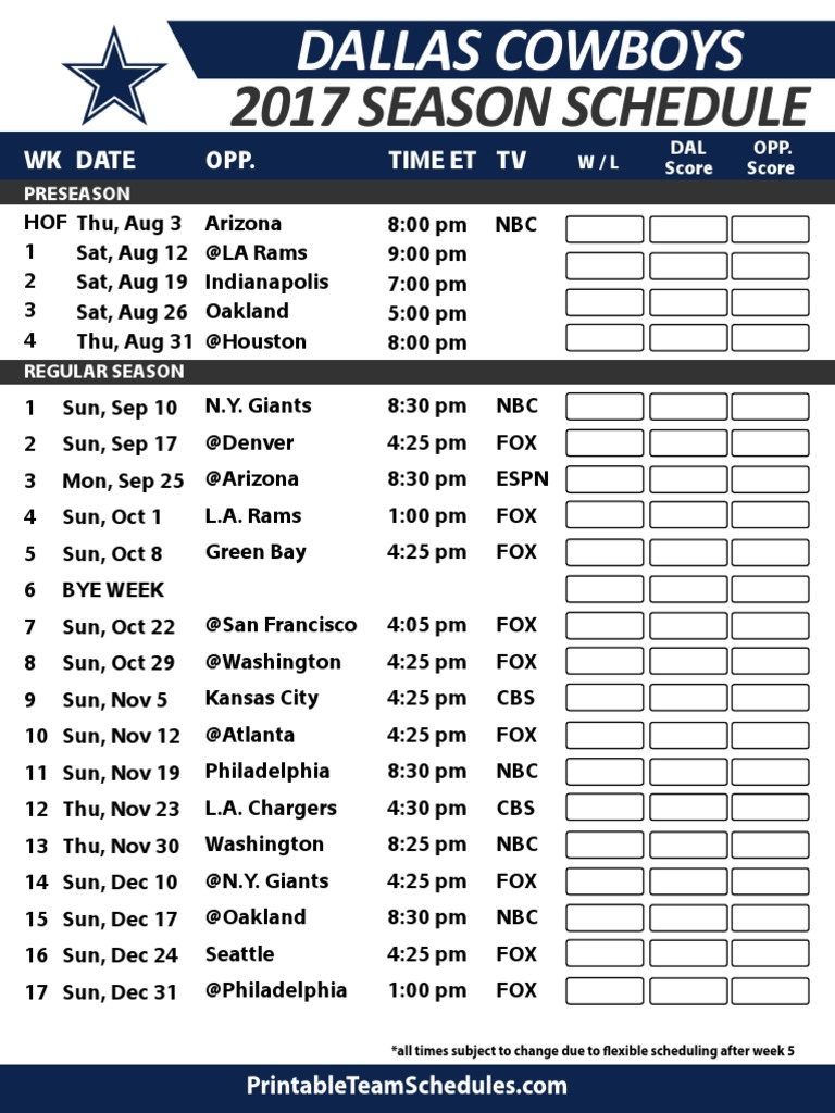 2017 Season Schedule: TV WK Time Et Date Opp | PDF