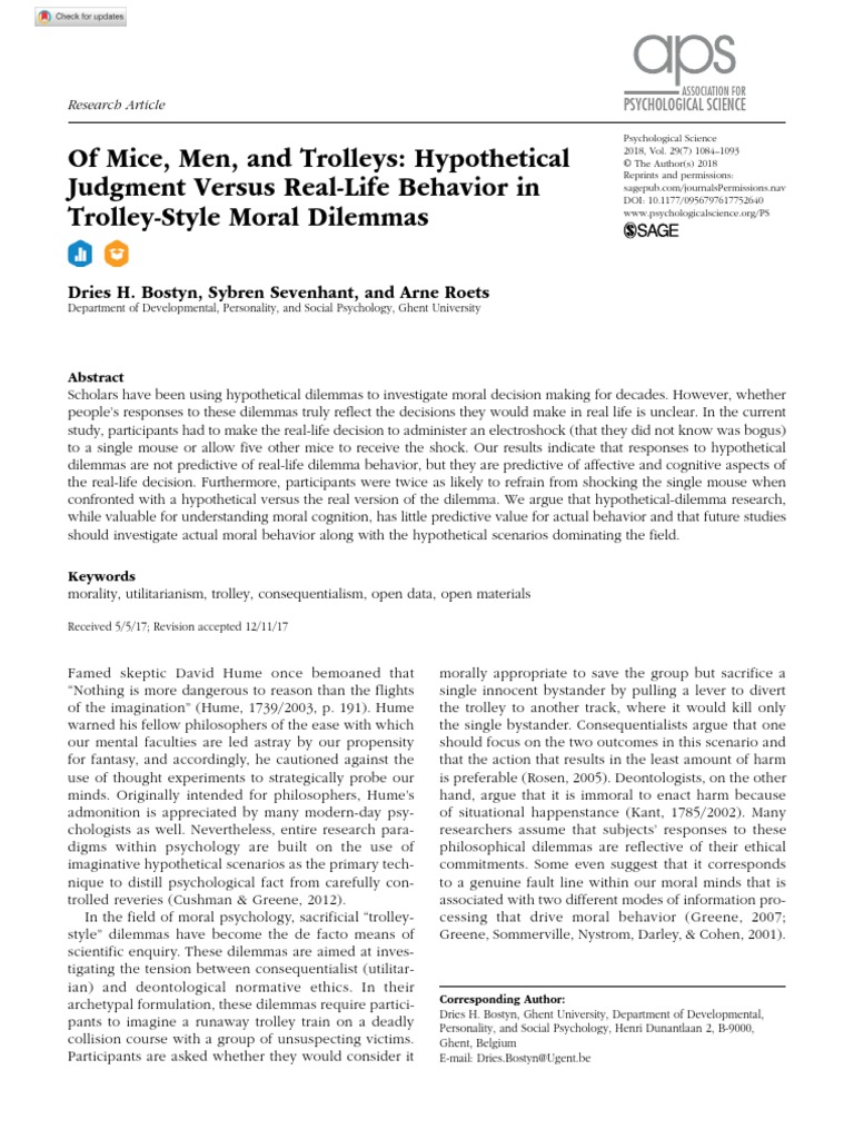 Of Mice, Men, and Trolleys: Hypothetical Judgment Versus Real-Life ...