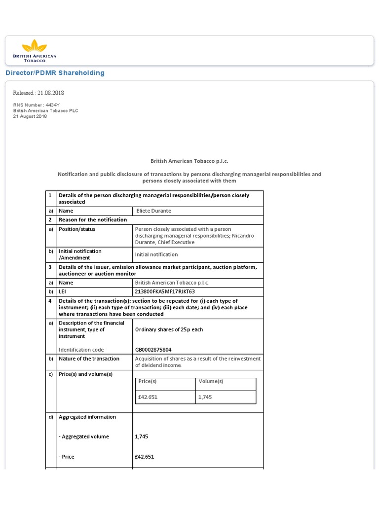 Director/PDMR Shareholding | PDF | Securities (Finance) | Investments ...
