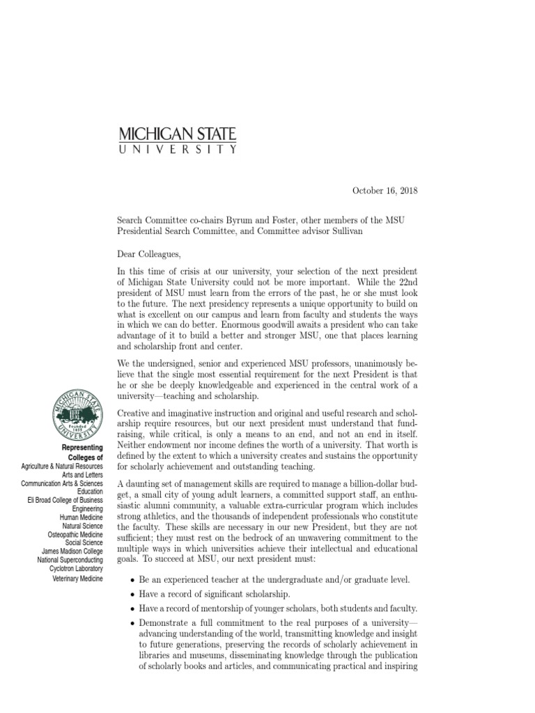 Letter To MSU Presidential Search Committee | PDF | Michigan State ...
