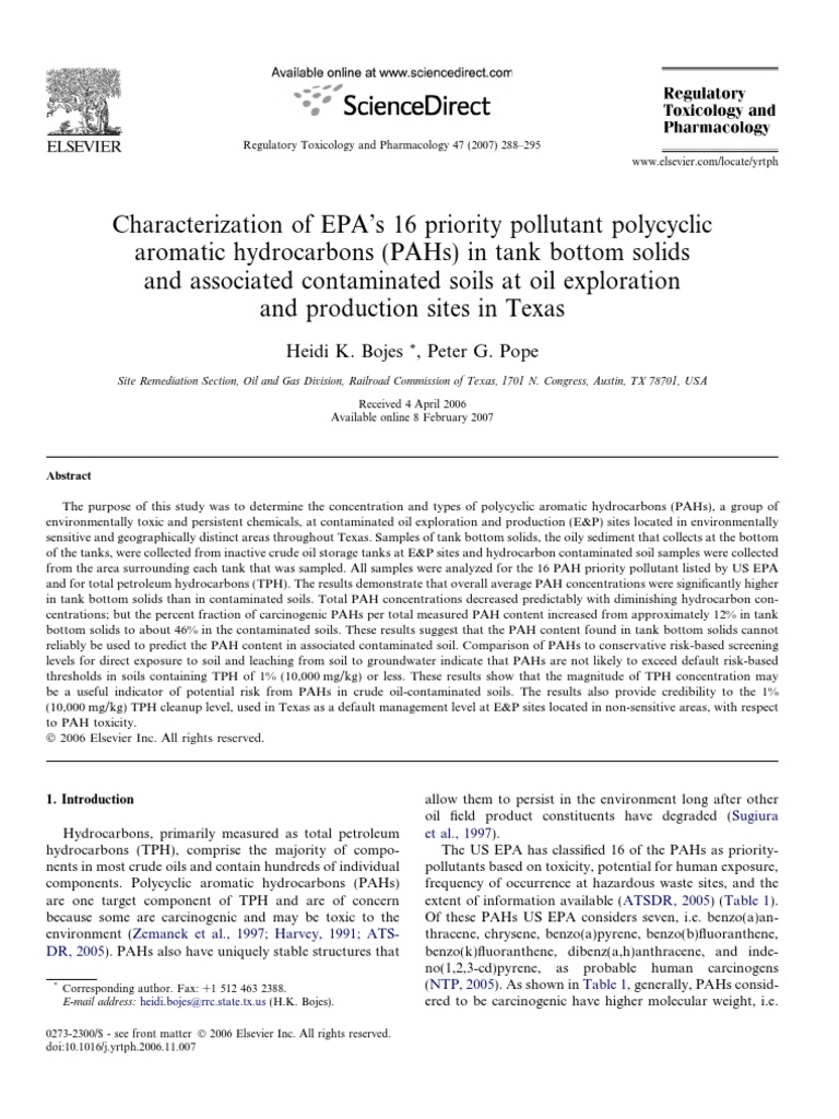 Characterization of EPA's 16 Priority Pollutant PAHs in Tank Bottom ...