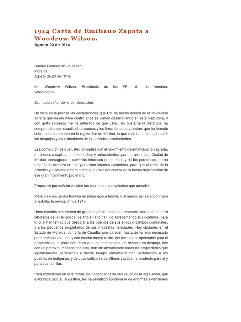 Carta de Emiliano Zapata A Woodrow Wilson | PDF | revolución mejicana ...